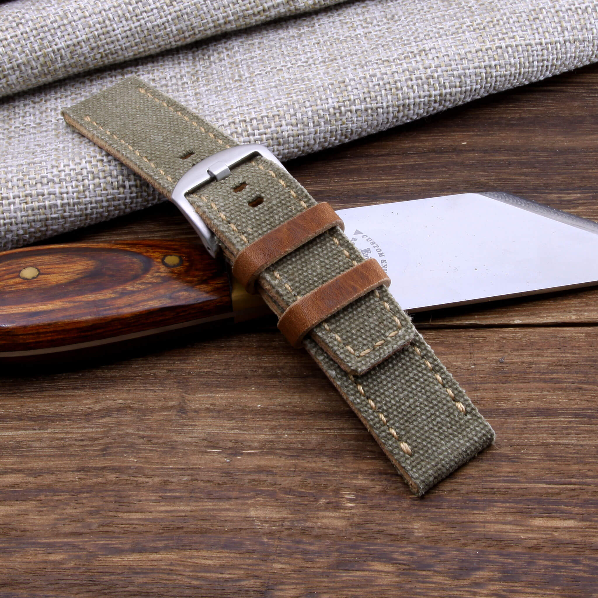 Rugged Elegance: Military Green Canvas & Italian Leather Watch Strap ...